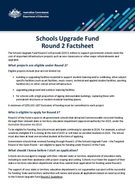 Schools Upgrade Fund - Round 2 Factsheet - Department of Education, Australian Government